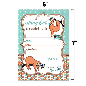 Silly Sloth Birthday Party Invitations, 20 5x7 Fill In Cards with Twenty White Envelopes by AmandaCreation