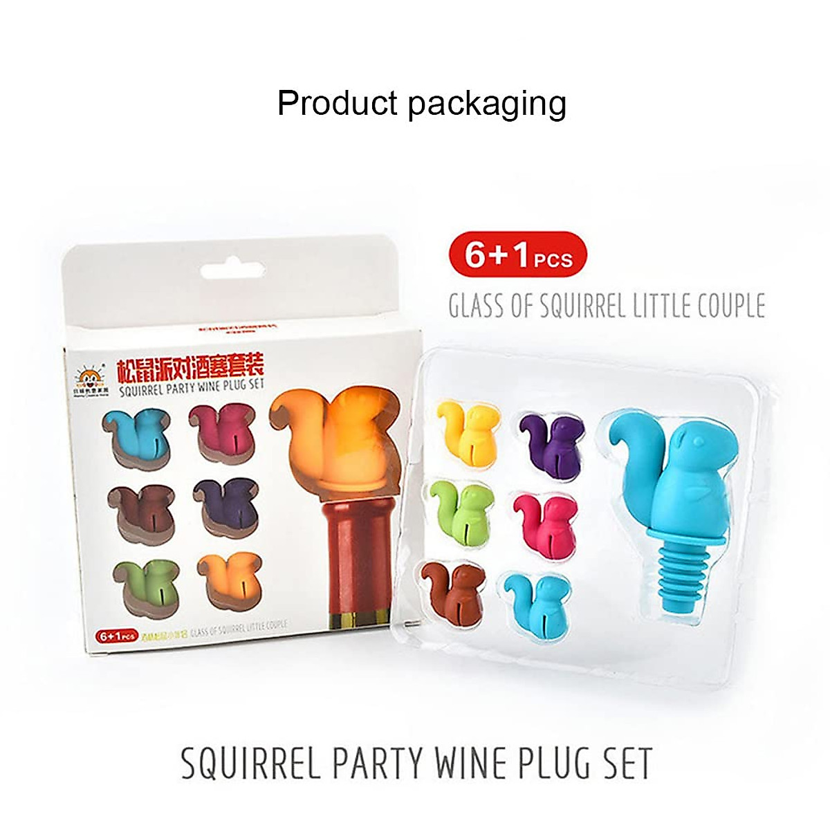 6+1PCS Squirrel Shapes Wine Stopper Set, Silicone Wine Bottle Stopper, Reusable Fun Animal Bottle Stopper, Gift Box Package Bottle Stoppers Set