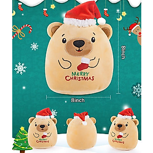 LeYoHa Christmas Plush Bear Stuffed Animals - Teddy Bear Plush Toys with Santa Hat Gift, Kids' Pillow Cushion, Gifts for Holiday Kids, Light Brown, 8 Inch