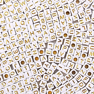 Acrylic Letter Beads Alphabet Gold Letters White Cube Bead, 6×6mm 1200pcs, for Friendship Bracelets and Gifts Souvenir Jewelry Making