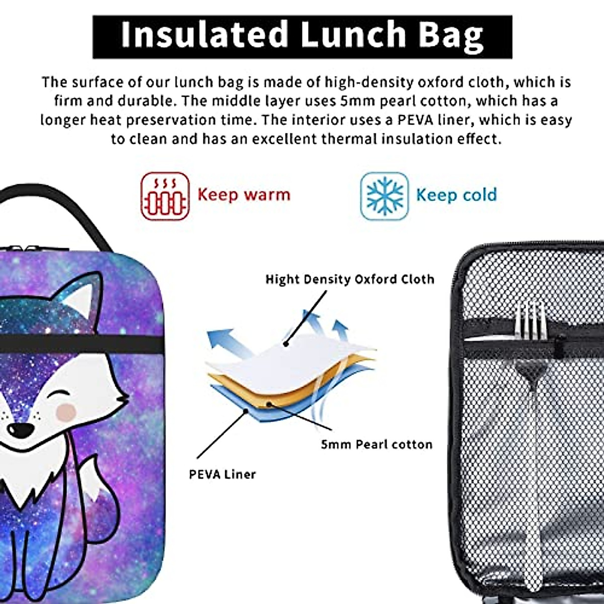 FREE LION Cute Fox Insulated Lunch Bag Blue Purple Pink Galaxy Lunch Box Reusable Lunch Tote Bento for Office Work School Picnic Beach, Leakproof Freezable Cooler Bag for Men Women Teens Kids