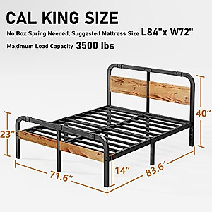 Breezehome California King Bed Frame with Rustic Wood Headboard and Footboard, 14 Inch Heavy Duty 3500lbs Steel Slat Support for Mattress, Noise-Free Platform, No Box Spring Needed