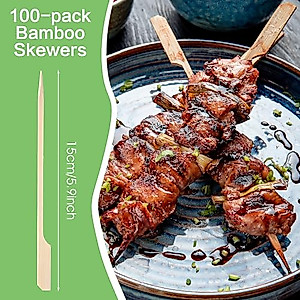 6 inch Bamboo Skewers, 100 PCS Bamboo Sticks for Cocktail Appetizer Toothpicks Kabab Skewers Picks Paddle Wooden Skewers for Cocktail, Fruit, Grilling, Drink, BBQ, Fondue(6 Inch)