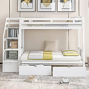 Merax Stairway Twin Over Full Bunk Bed with Staircase and Two Storage Drawers, Storage Bunk Bed with Convertible Down Bed can be Converted into Daybed, White
