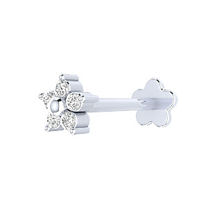 Demira Jewels Natural Diamond 14K White Gold 5-Stone Natural Diamond Flower Nose Pin, Lip Labret, Monroe Ring, Stud, Screw - 8mm Long, 16 Gauge