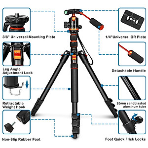2 in1 Lightweight Video Camera Tripods • 68" Tripod for Camera and Camcorder • 360° Ball Head Tripod with Removable Handle • Extra 1/4" QR Plate and Phone Holder • Compatible with Canon Nikon Sony