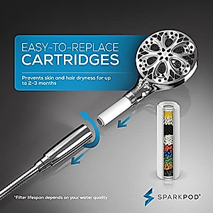 SparkPod 10-Mode Filtered Shower Head with Hose - 5" High Pressure Shower Heads with Filter - Handheld Shower Head Filter with Built-In Power Jet, Stainless 6ft Hose and Bracket (Polished Chrome)