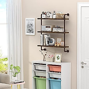 PUSDON Industrial Pipe Shelving Wall Mounted 24 Inch 3 Tier,Bathroom Bronze Metal Floating Shelves, Wood Hanging Storage Bookshelf (W24inch - 2 Sets) - Drak Coffee