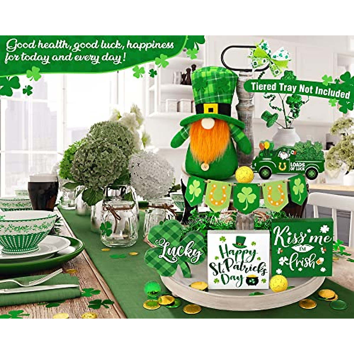 21 PCS St. Patrick's Day Decorations for Home St. Patrick's Day Tiered Tray Decor Set - Shamrock Decor Lucky Wood Sign Irish Kiss St. Patrick's Day Decor for Saint Patrick's Day Home Table Shelf