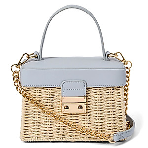 Like Dreams Small Summer Bag for Women Woven Straw Crossbody Vegan Leather Top Handle Plaid Inner Purse (Soft Blue)