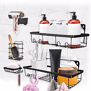 YULIFST 5Pack Shower Caddy Shower Shelves Shelf with Hooks Storage Rack Organizer Stainless Steel Caddy with Hairdryer Holder Soap Holder and Toothbrush Holder for Bathroom, Washroom, Kitchen (Black)