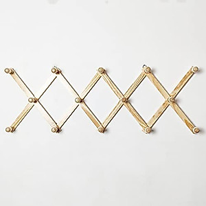 AITUFIY Expandable Coat Rack Hanger Wooden Accordion Wall Mounted Retro Wood Hat Rack 14 Pegs Hooks Hang Mugs,Caps,Leash,Towel,Belt,Scarf,Bag (Large Size) Natural Pine