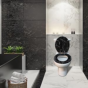 Angel Shield Marble Toilet Seat Durable Molded Wood with Quiet Close,Easy Clean，Quick-Release Hinges (Elongated,Black Marble)
