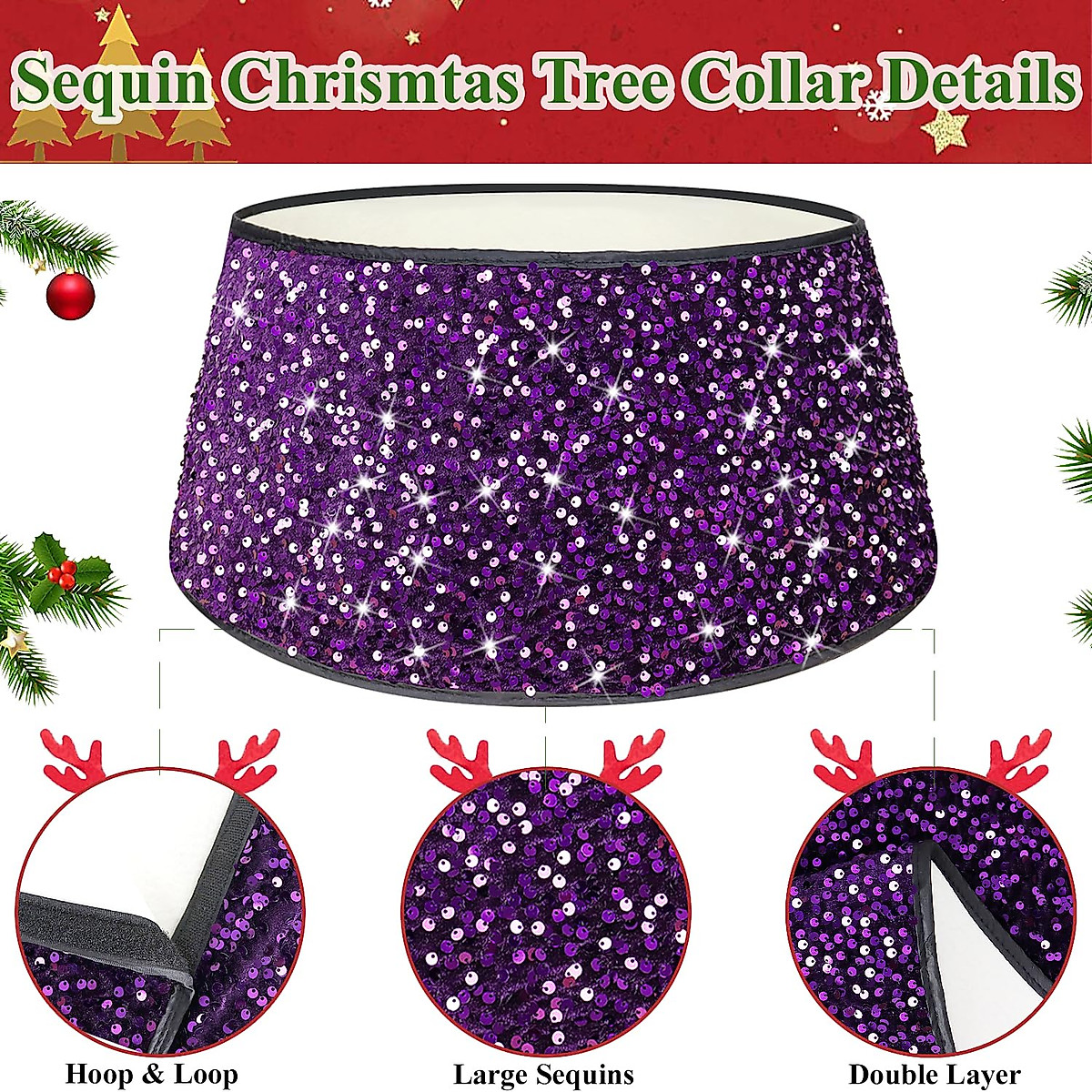 MODFUNS Christmas Tree Collars Purple Sequin Xmas Tree Ring 24 Inch Velvet Sparkling Christmas Tree Base Glitter Tree Skirts for Xmas Trees Shiny Tree Collar Cover for Christmas Party Home Decoration