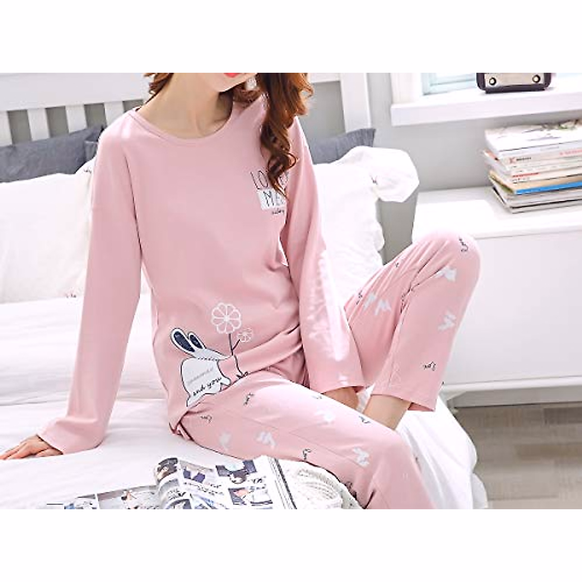 Vopmocld Young Girls Lovely Bunny Pajama Sets Cotton Long Sleeve Pjs Clothes Sleepwear Shirts, Pink, 14