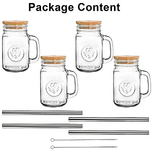 Hacaroa 4 Pack Glass Mason Jar Cups with Bamboo Lid and Straw, 16 Oz Regular Mouth Mason Mugs Drinking Glasses with Handle, Reusable Smoothie Cups for Cold Juice, Beverage, Coffee, Clear