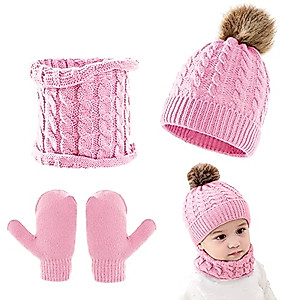 3PCS Baby Winter Hat Scarf Gloves Set Kids Knitted Beanie Cap Neck Warmer Mitten for Boys Girls 0-4Years (Pink)