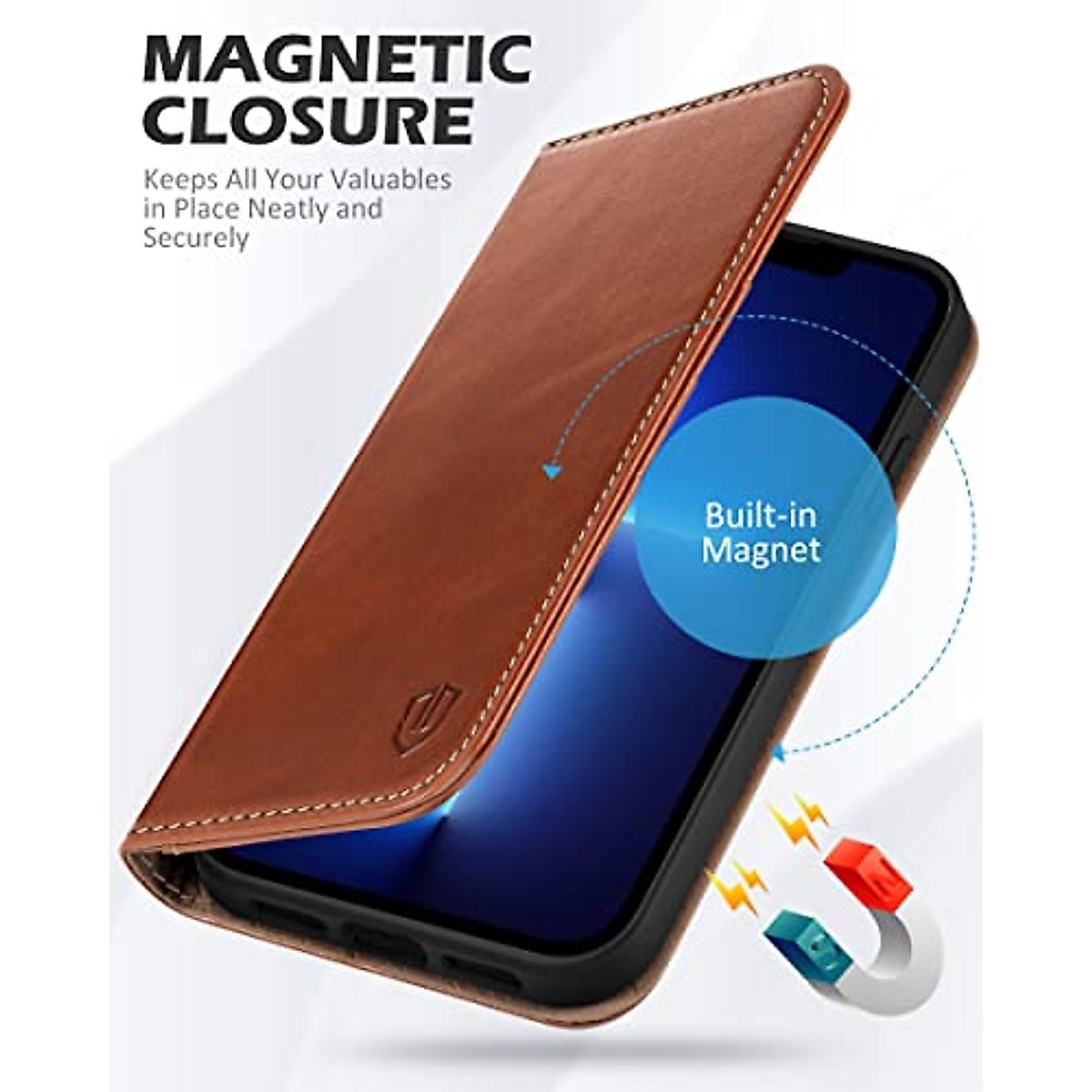 SHIELDON Case for iPhone 13 Pro Max 5G, Genuine Leather Folio Wallet Magnetic Shock Absorbing Case RFID Blocking Credit Card Holder Kickstand Compatible with iPhone 13 Pro Max 6.7" - Retro Brown