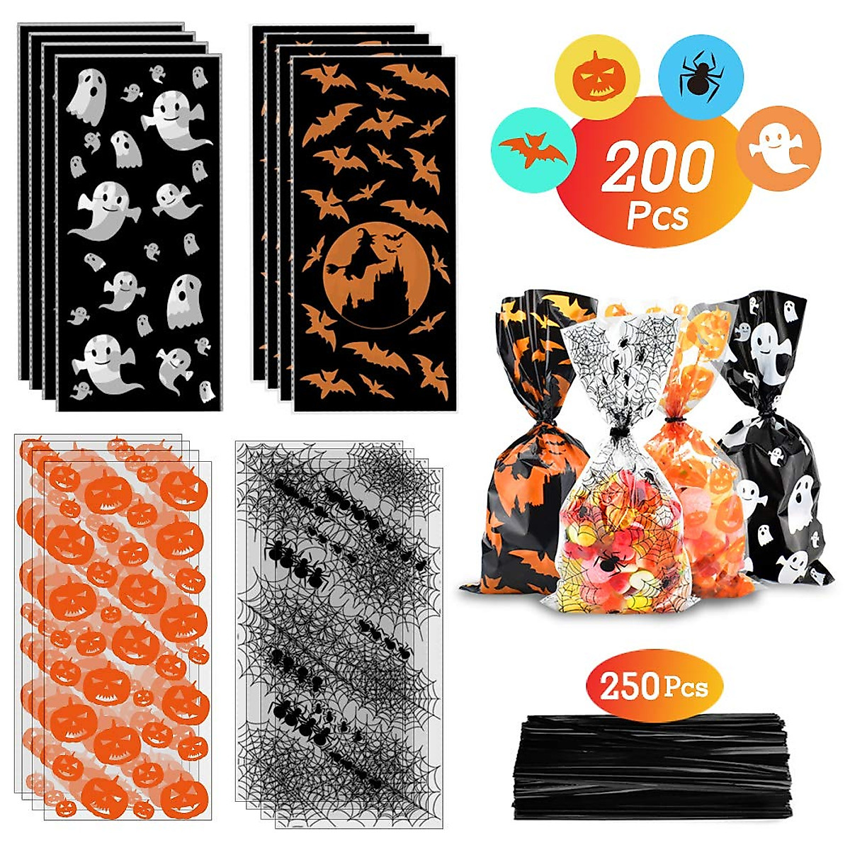 ERKOON 200pcs Halloween Candy Bags Pumpkin Spider Web Bat Ghost Print Candy Bags Halloween Treat Candy Twist Ties Gift Bags Kids Candy Bags for Halloween Party