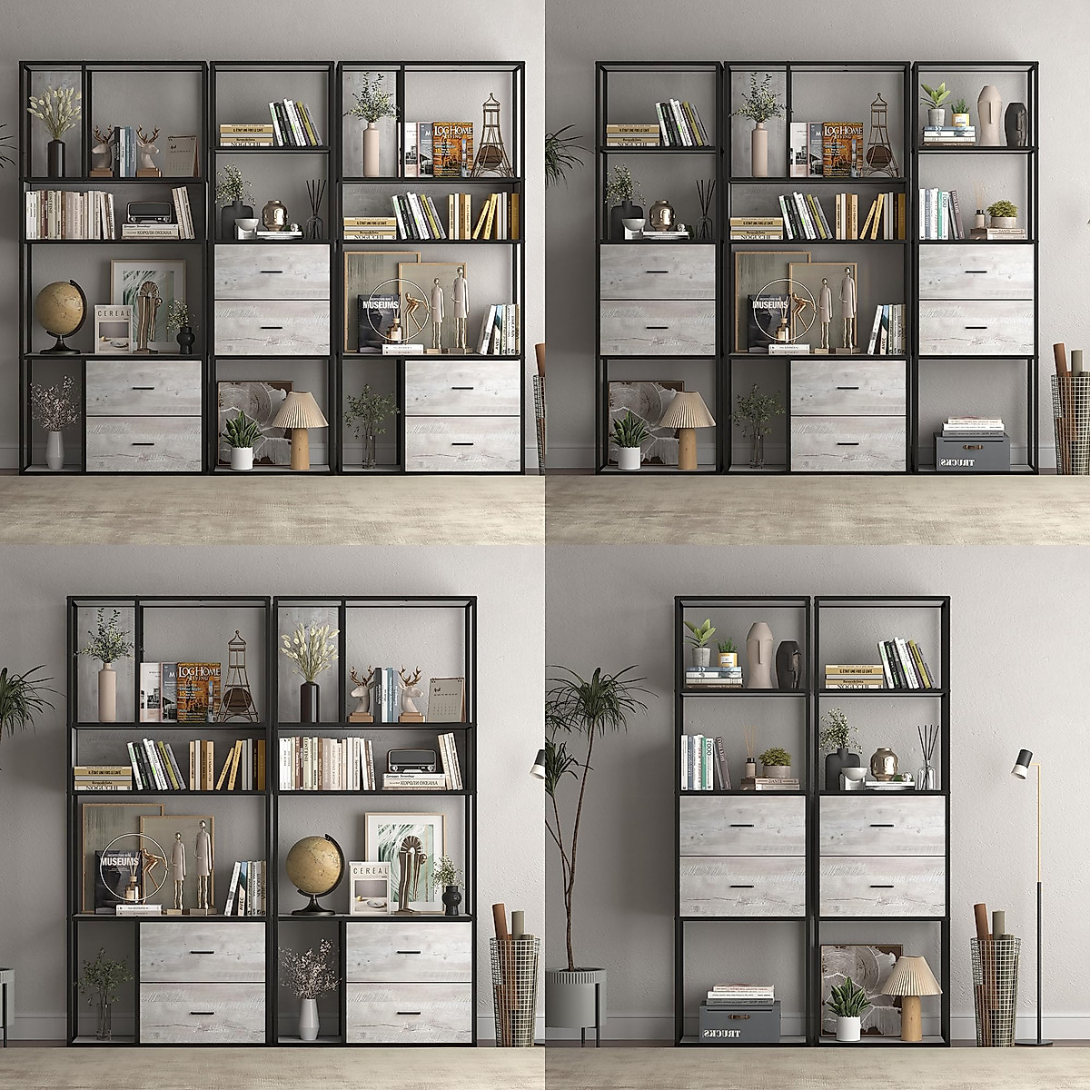 NAIYUFA Bookshelf with Drawers,Rustic Industrial Tall Bookshelf,Vintage Book Shelves Display Shelf for Home Office,Living Room (A+B)