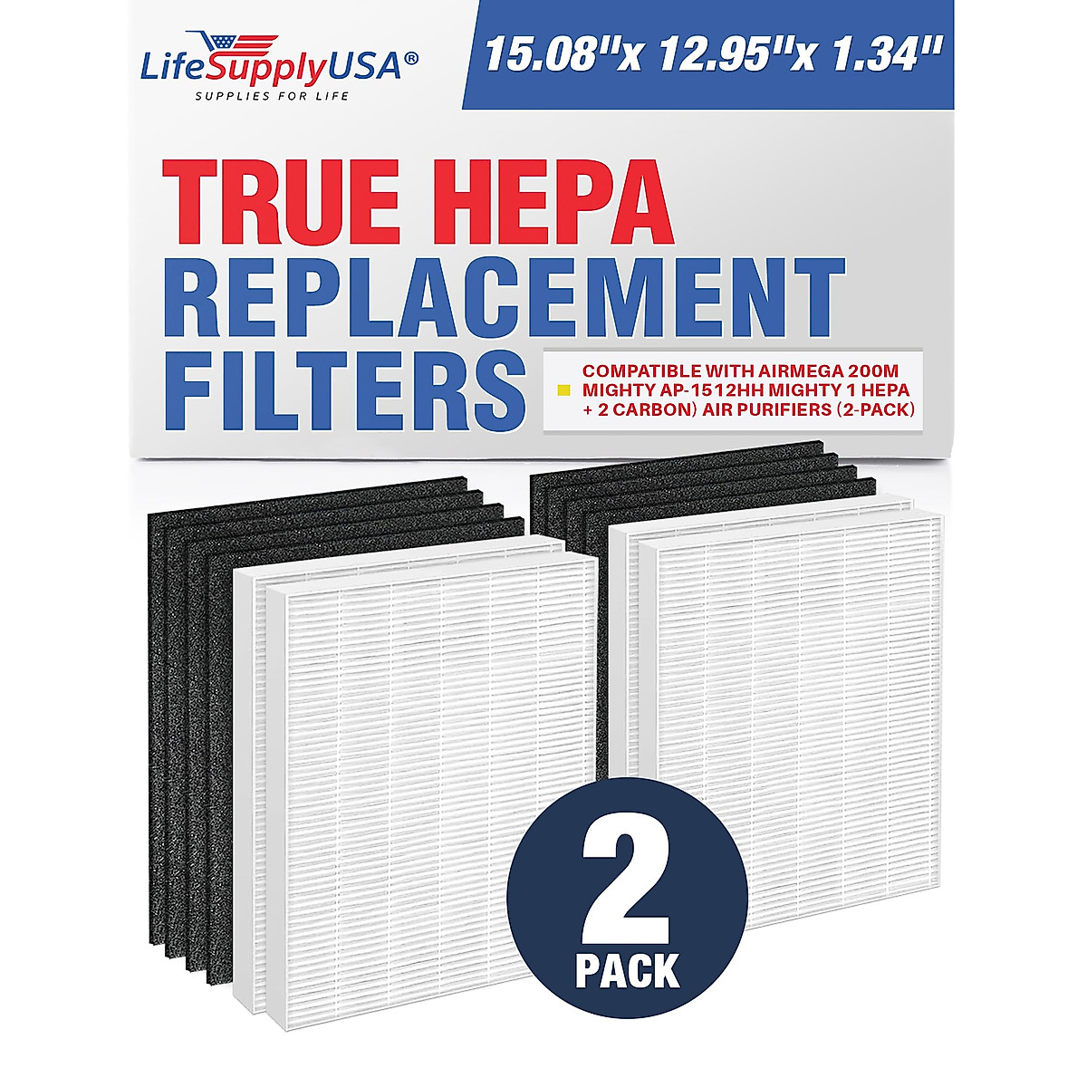 (2-Pack) True HEPA Air Cleaner Filter Replacement Set + 4 Odor Carbon Filters Compatible with Coway Airmega 200M AP-1512HH Mighty Air Cleaner # 3304899 by LifeSupplyUSA