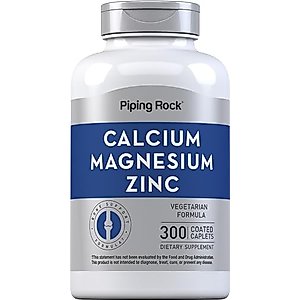 Calcium Magnesium Zinc Supplement | 300 Coated Caplets | Non-GMO, Gluten Free | by Piping Rock