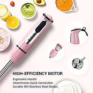 Immersion Hand Blender, ISILER 5-in-1 500-Watt Multi-Purpose Stick Blender with 860ml Food Chopper, 600ml Container, Milk Frother, Egg Whisk, 8-Speed for Puree Infant Food Smoothies Soups Pink
