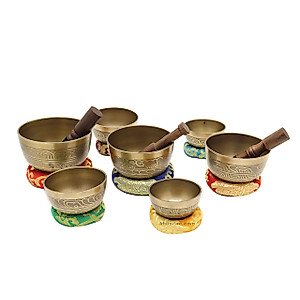 Singing Bowl Set of 7, Thadobati Design Himalayan Sound Bowl, Handcrafted, Hand hammered, Comes w/silk cushions, 3 sticks, Buddhist card, Brocade Box Ideal for Meditation, Yoga, Mindfulness Healing