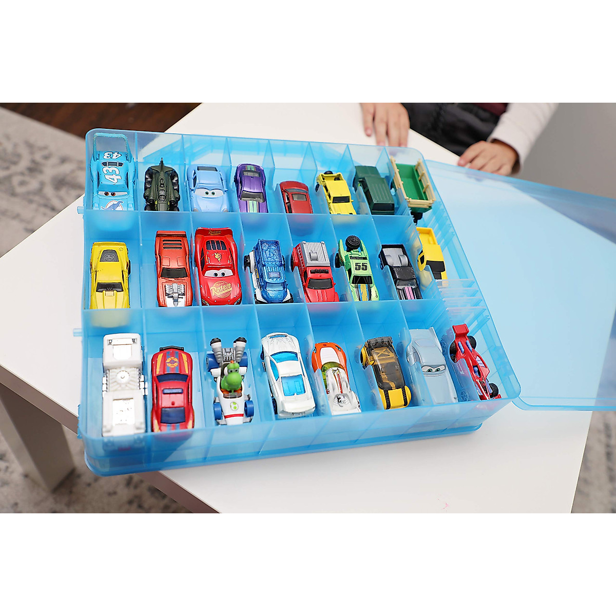 ASH BRAND Double Sided Toy Storage Container - Compatible with Mini Toys, Small Dolls, Hot Cars Wheels - Toy Organizer Carrying Case - 48 Compartments - Cars Not Included (Blue)