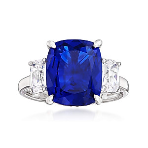Ross-Simons 6.25 Carat Simulated Sapphire and 1.10 ct. t.w. CZ 3-Stone Ring in Sterling Silver. Size 6