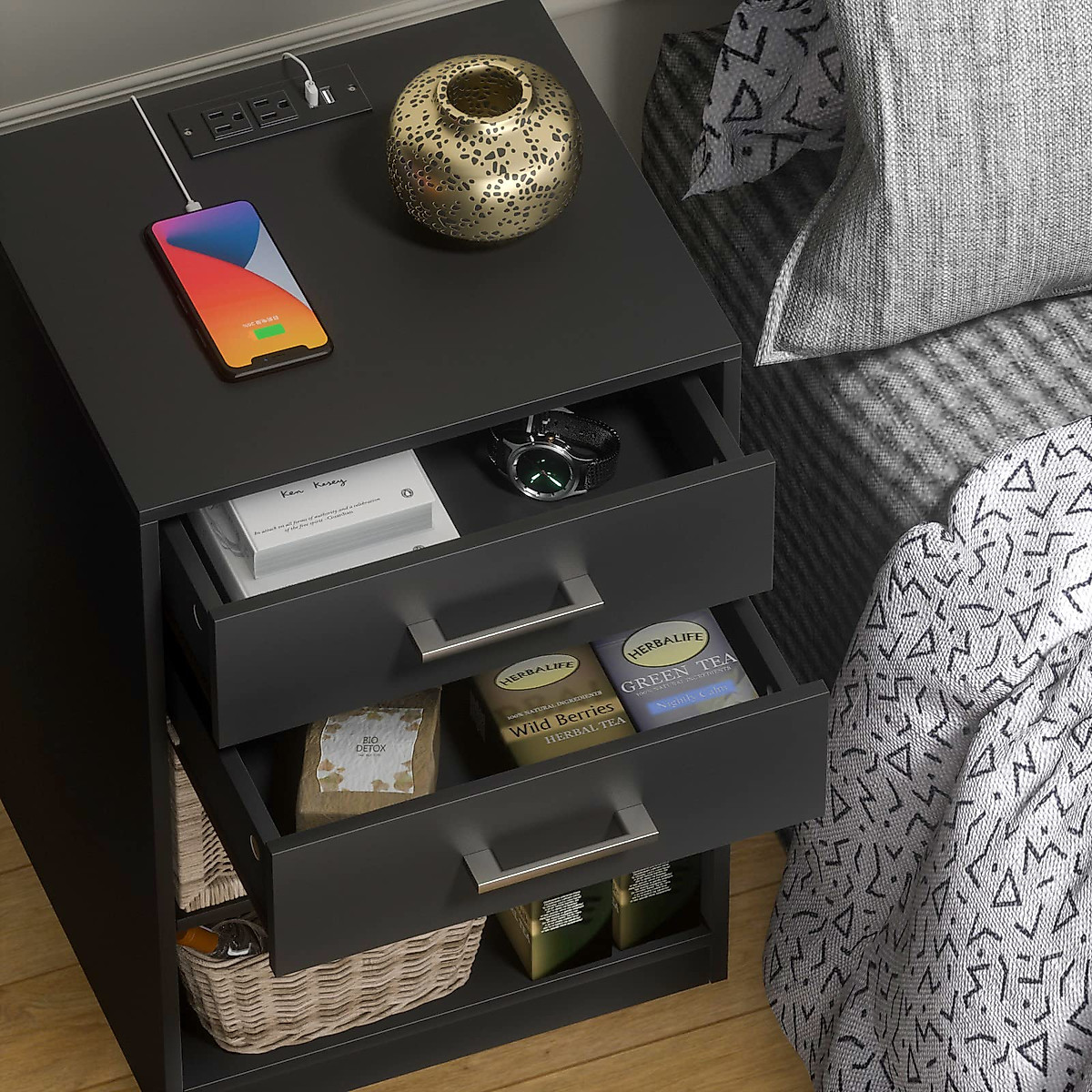 Irontar Nightstand with Charging Station, 2 Drawers End Table with 2 AC Outlets and 2 USB Ports, Wooden Side Table, Bedside Table with Adjustable Open Storage, Bedroom Night Stand, Black BZZ001BE