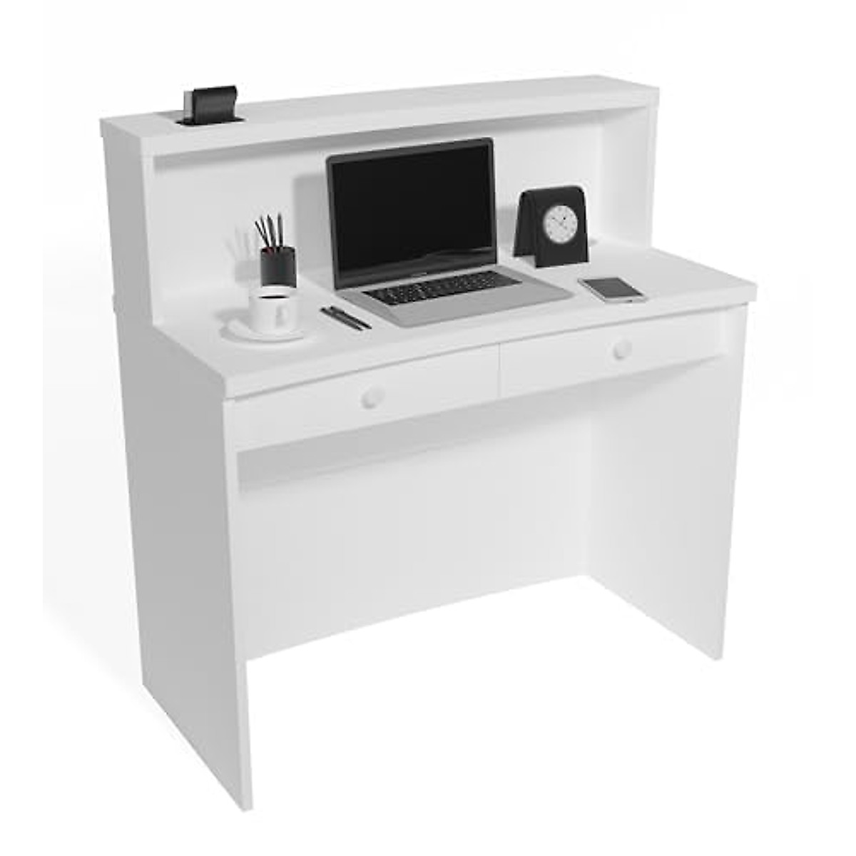 UGOS Mono 40" Modern Reception Desk w/Transaction Counter | Laminate Desktop | Multifunctional Standing Front Desk for Home, Office, Salon, Spas, and Lobby (White)