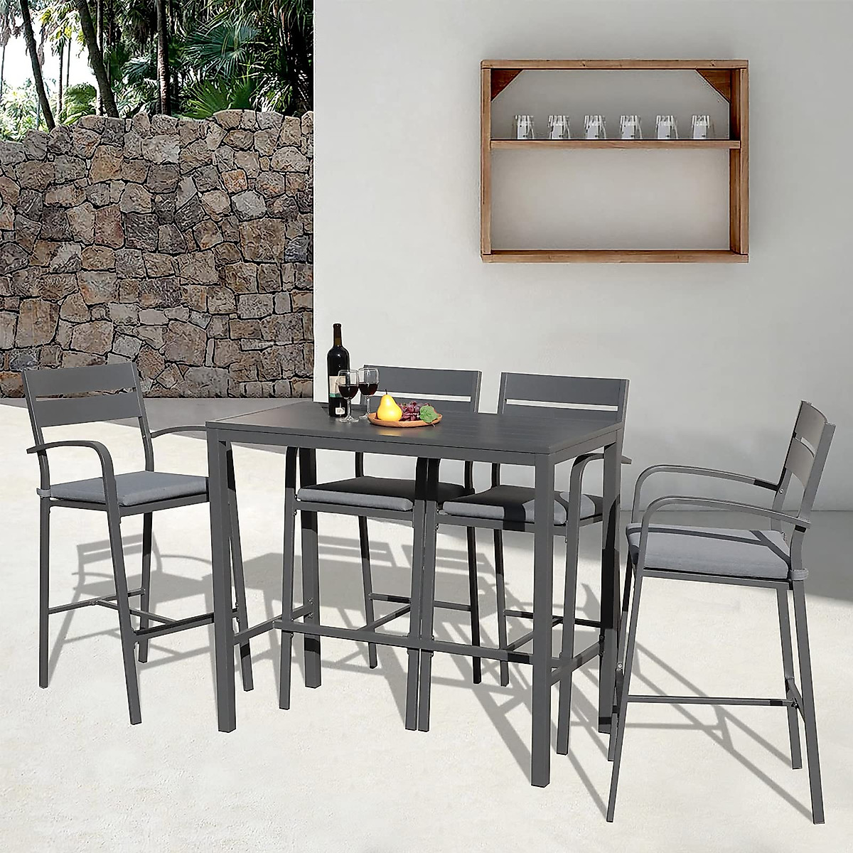 Soleil Jardin Outdoor Aluminum 5-Piece Bar Set, Dining Bistro Pub Set, Patio Bar Height Chairs with Cushion & Slatted High Top Table for Backyard Garden Pool, Dark Grey