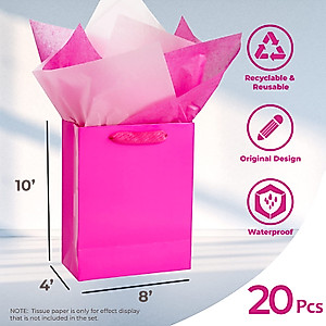 UnicoPak Hot Pink Gift Bags Medium Size 8x4x10 20Pcs, Glossy Finish Waterproof Paper Gift Bags with Handles, Party Bags Pink Gift Bags for Birthday, Party, Wedding, Bridal Shower, Shopping