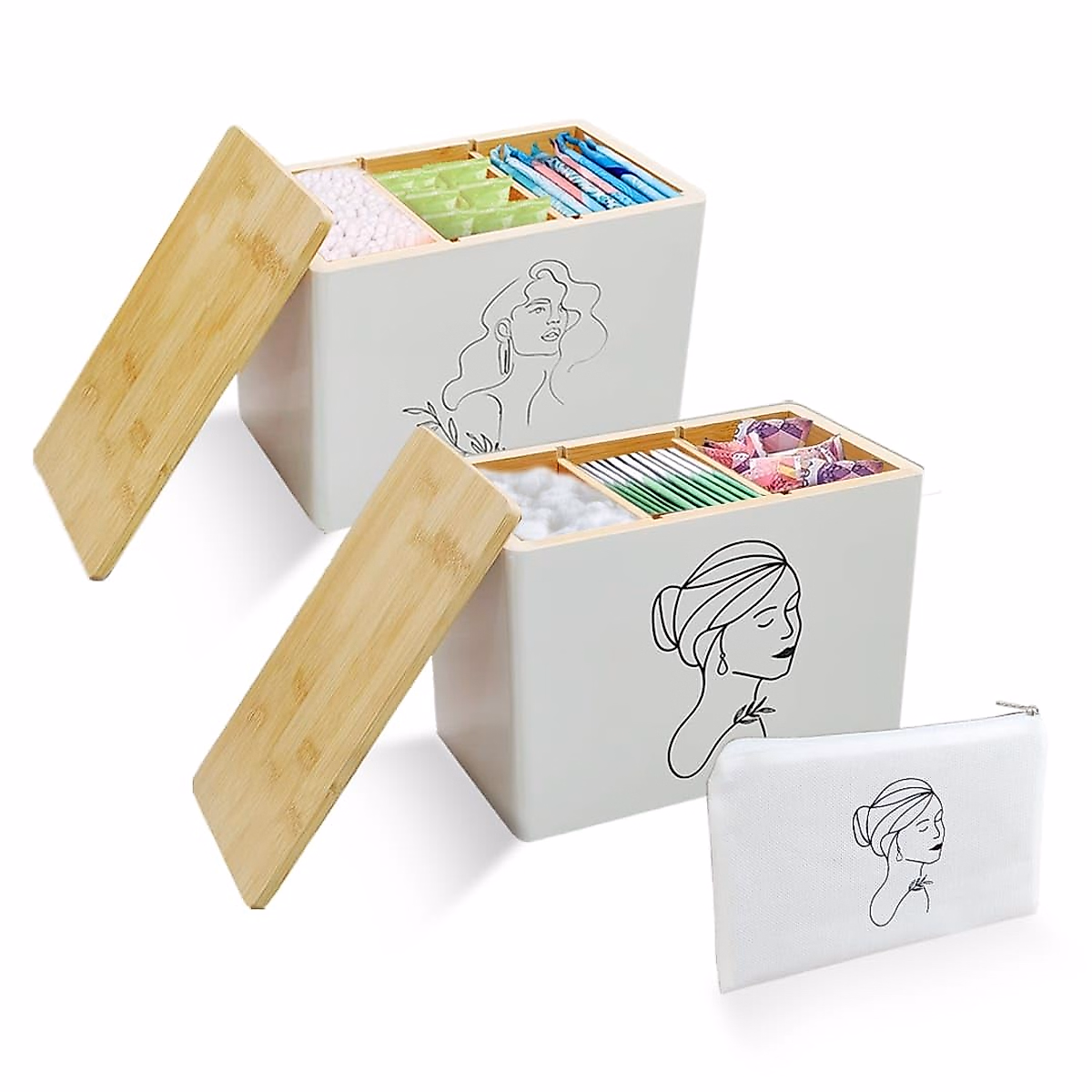 prime sell - Tampon Holder for Bathroom Wooden Farmhouse, Tampon Organizer with Makeup Pouch and Lid, 3-Compartment Feminine Product Organizer - Lady Stuff Box for Bathroom Decor Accessories