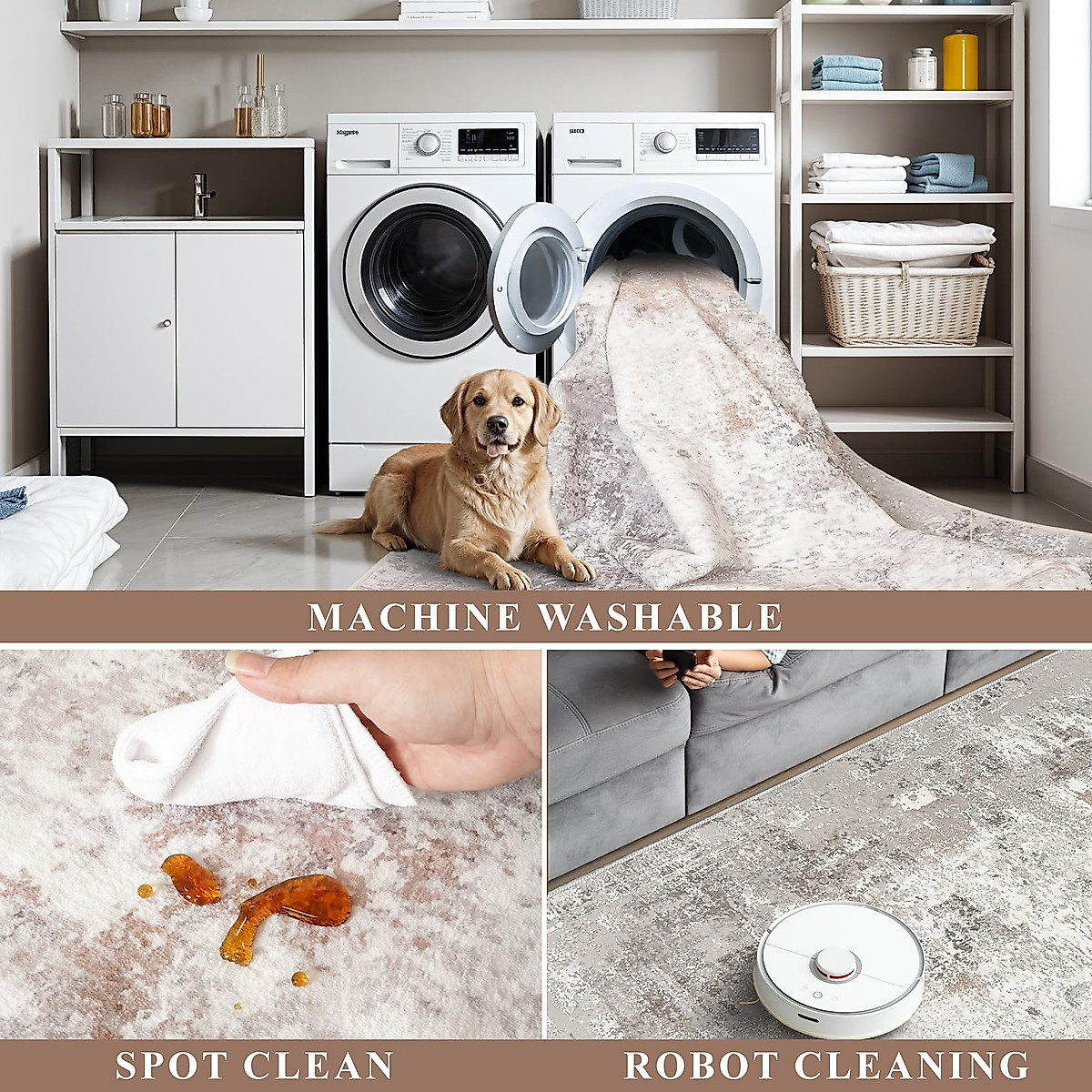 Washable 9x12 Area Rugs - Neutral Large Rugs for Living Room Abstract Soft Faux Wool Carpet for Bedroom Non Slip Stain Resistant Dining Room Rug Beige/Grey/Brown