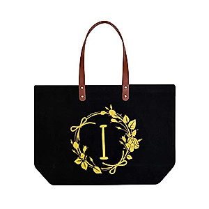 ELEGANTPARK Personalized Birthday Gifts for Women Mom Friend Sister Teacher Appreciation Gifts Monogrammed Gifts Initial Tote Bag Present Bag Black Canvas Tote Bag with Pocket Gold Letter I
