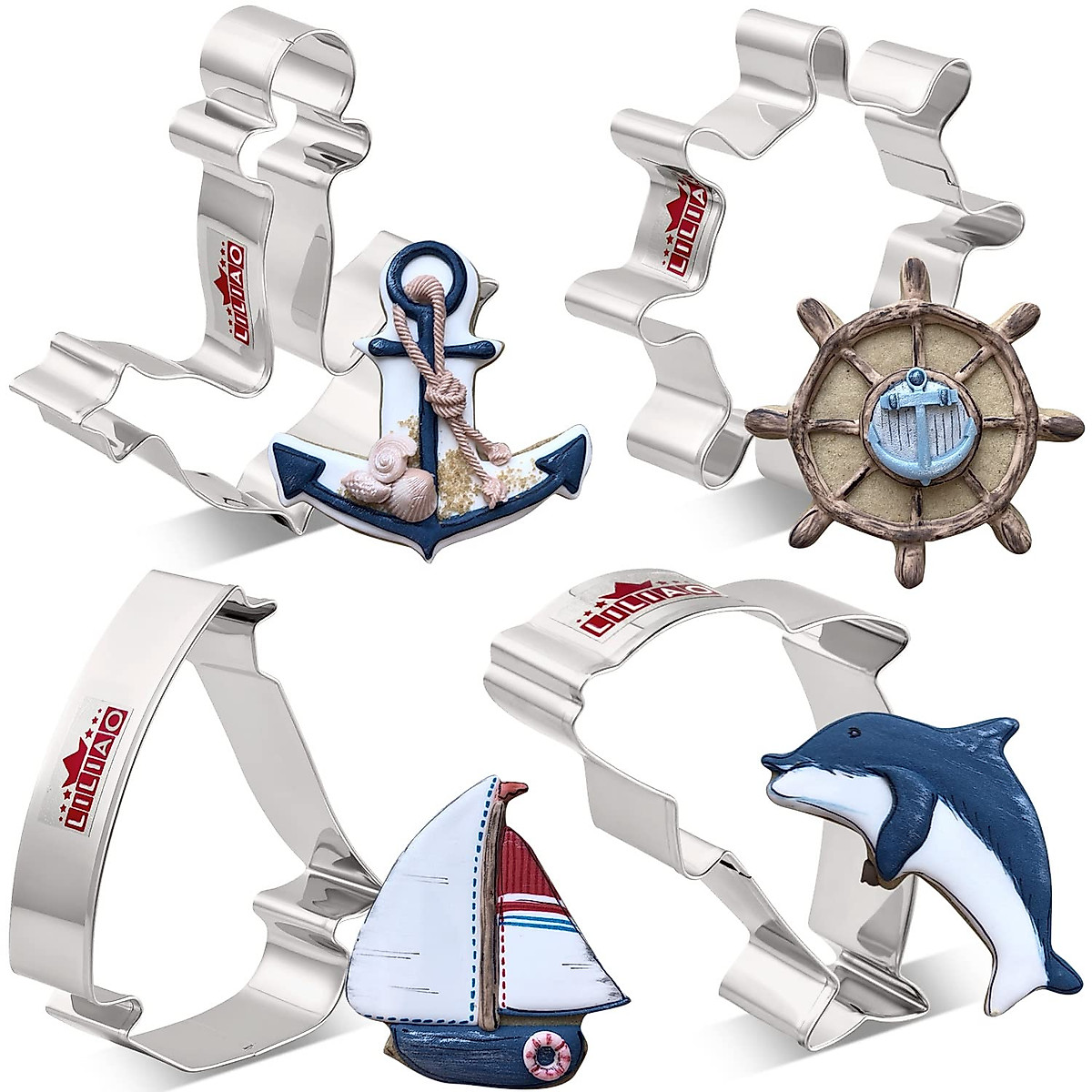 LILIAO Nautical Cookie Cutter Set - 4 Piece - Anchor, Sailboat, Rudder and Dolphin Biscuit Fondant Cutters - Stainless Steel