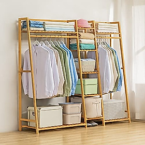 MoNiBloom Bamboo Trapezoid Clothing Rack with 5-Tier Storage Shelves Multi-Functional Clothes Rack, Clothes Hanging Rack Stand for Bedroom Living Room, Natural