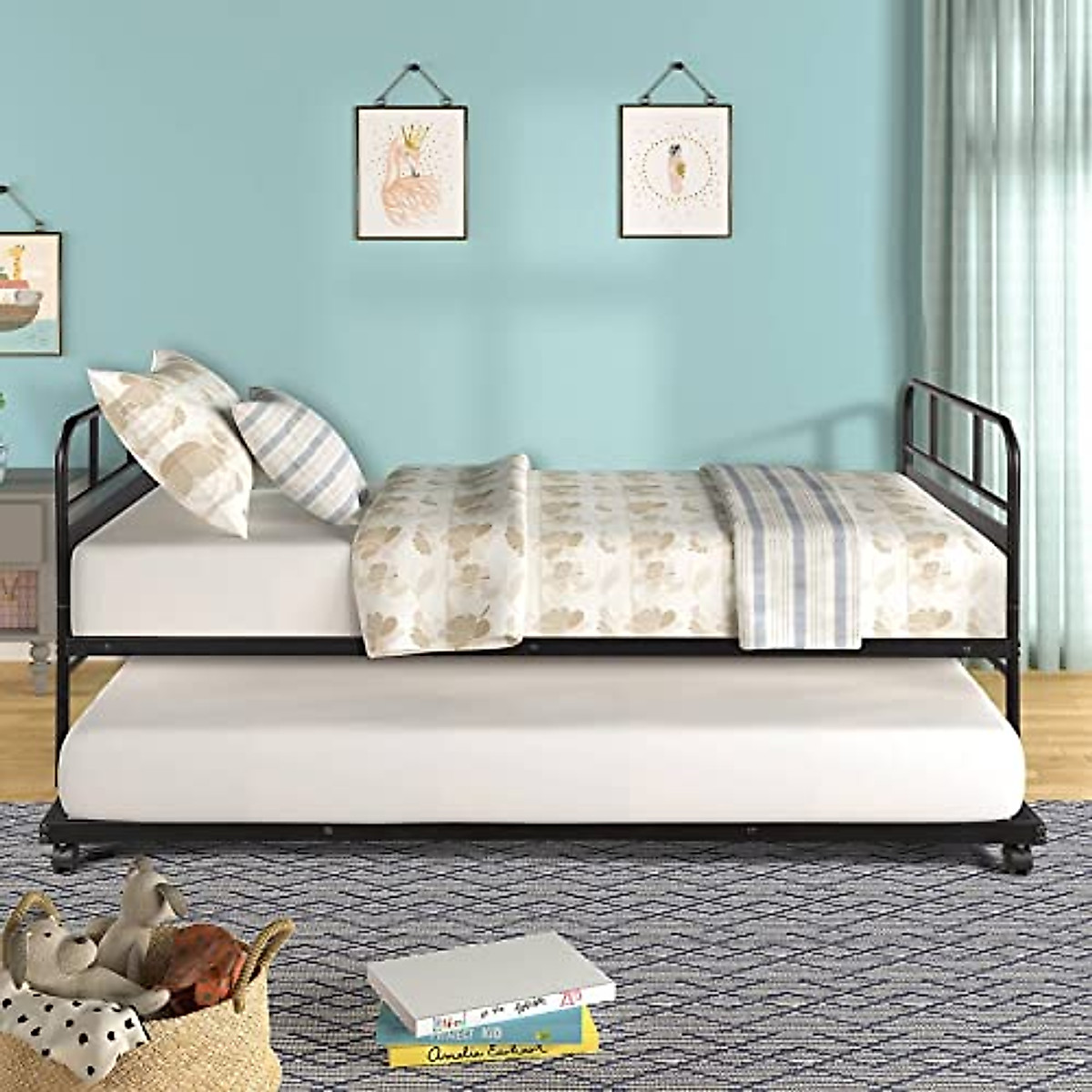 Epinki Metal Daybed Platform Bed Frame with Trundle Built-in Casters, Twin Size, Black, Easy Assembly