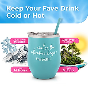 and So The Adventure Begins - Personalized Insulated Wine Tumbler with Lid – Stainless Steel Insulated Travel Mug with Straw – Graduation, Promotion, Going Away, Job Change, Teacher - Adventure Awaits