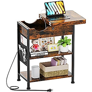 TARKARI Side Table end Table with Charging Station Living Room Narrow end Tables with Storage Bedside Table Flip Top Night Stand USB Ports and outlets Sofa Couch Table for Small Spaces