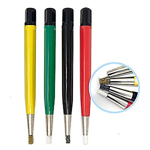 Pixiss Scratch Brush Pen Set with Replacement Tips, Fiberglass, Steel, Brass, Nylon, 5-inches Pen Style Prep Sanding Brush 4-Pack for Corrosion, Rust, Jewelry, Circuit Boards and Auto Body Work