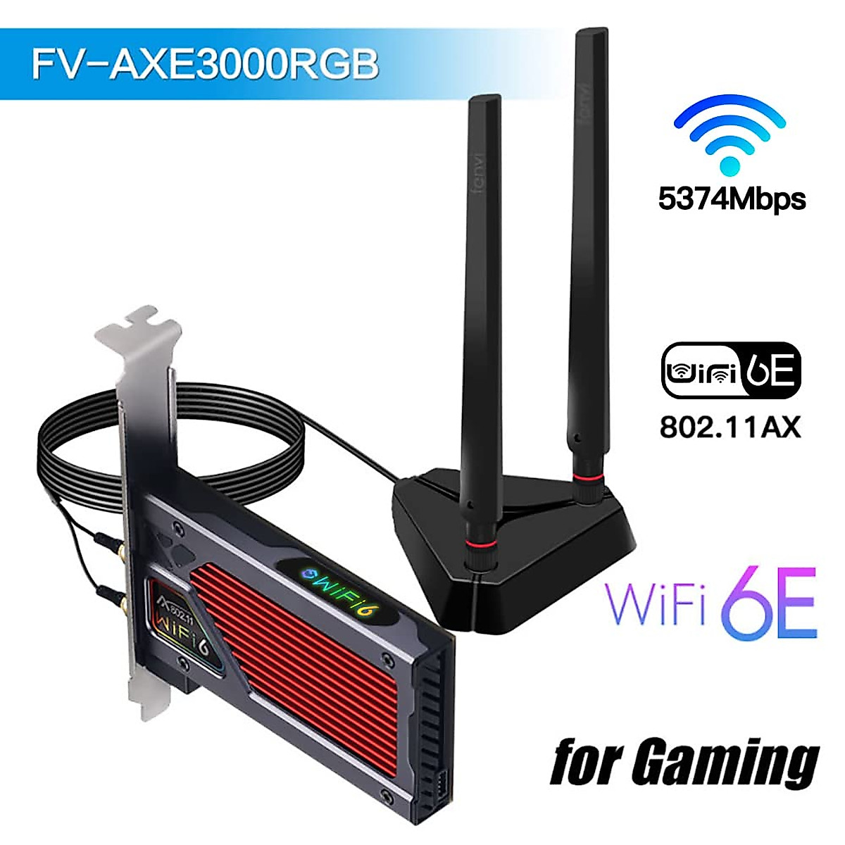 fenvi AX210 WiFi 6E PCI-E WiFi Adapter BT5.2 RGB Gaming 802.11ax ac 160MHz 2.4GHz 5GHz 6GHz Tri-Band 5400Mbps AX210NGW Desktop WiFi Card for PC Windows(Only WiFi 6E Router Antennas Support 6Ghz Band)