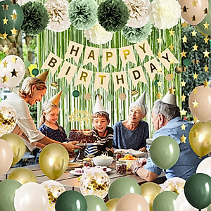 Sage Green Birthday Decorations Olive Green Happy Birthday Party Decorations Nude Retro Green Gold Balloon Banner Paper Pom Poms Greenery Neutral Rustic Décor Supplies Baby Girls Women