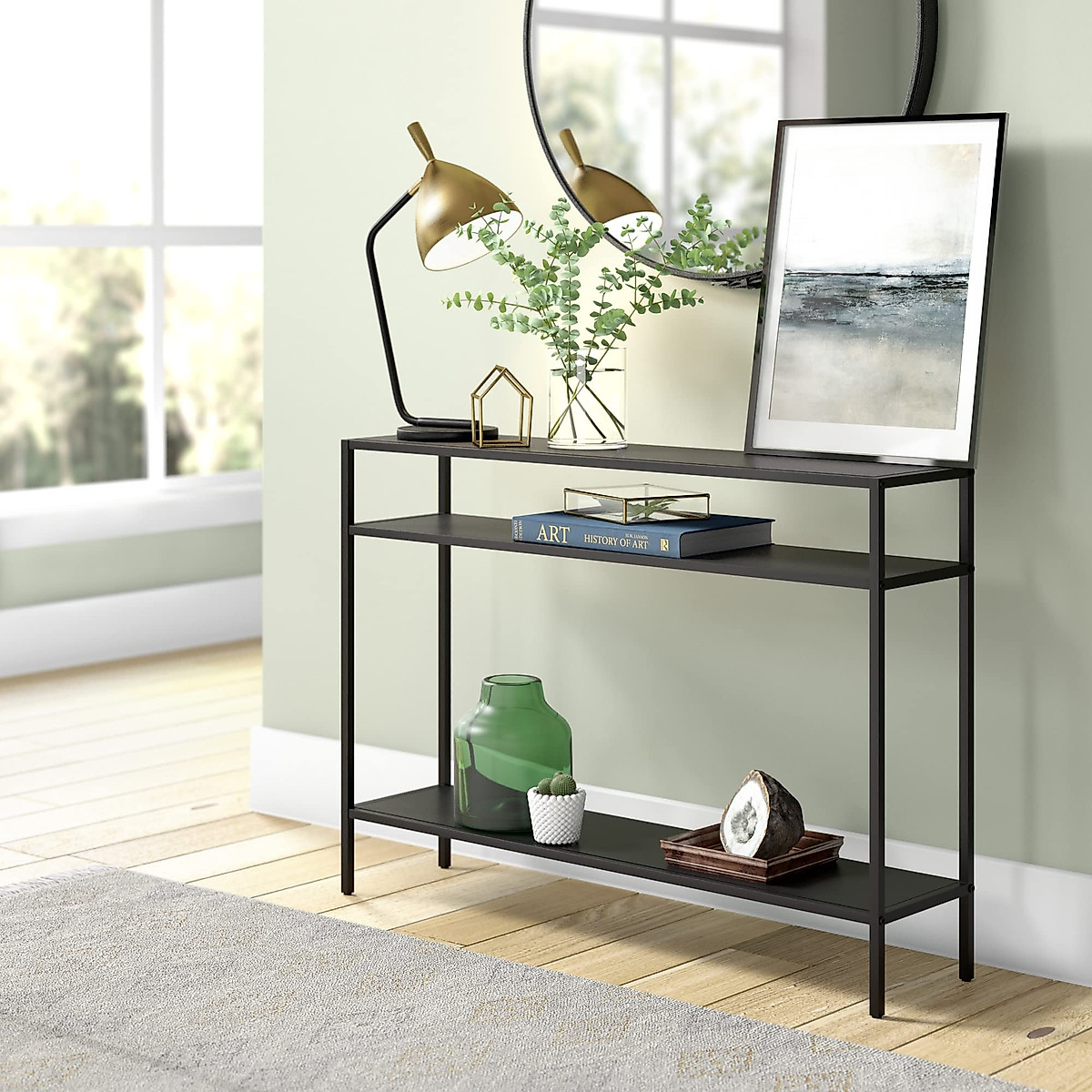 Henn&Hart 42" Wide Rectangular Console Table with Metal Shelves in Blackened Bronze, Entryway Table, Accent Table for Living Room, Hallway