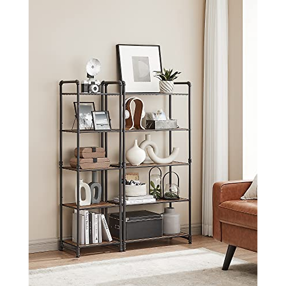 VASAGLE Bathroom Shelves, 5-Tier Storage Rack, Plant Flower Stand, 24.4 x 12.2 x 51 Inches, for Living Room, Balcony, Kitchen, 12.2”D x 24.4”W x 51”H, Rustic Brown + Black