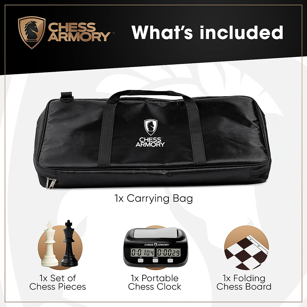 Chess Armory Deluxe Foldable Chess Set w/Chess Board, Chess Clock and Carrying Bag - A Mobile Tournament Chess Set with Clock & Weighted Chess Pieces- Play Anywhere w/Chess Armory Outdoor Chess Set.
