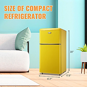 WANAI Mini Fridge Dual Door Refrigerator with Freezer 3.5 Cu.Ft, Compact Refrigerator with Adjustable Temperature & Removable Glass Shelves, Fridge for Apartment/Dorm/Office/RV, Yellow