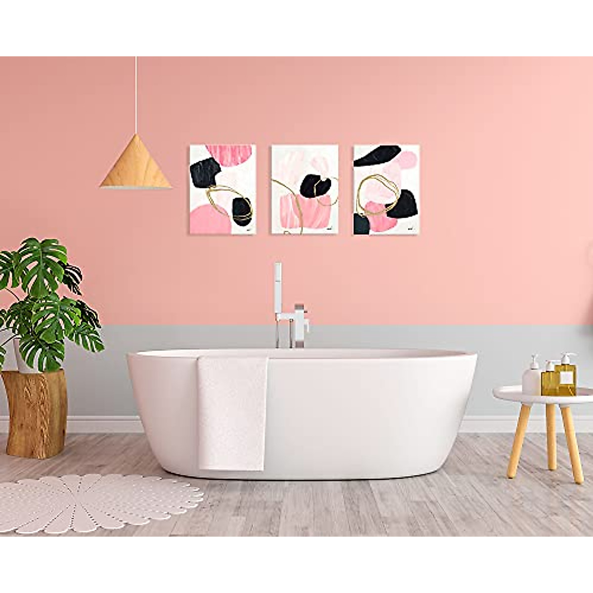 B BLINGBLING 3 Framed Pink Wall Decor: Blush Pink and Black Room Decor Black Pink Gray Gold White Abstract Canvas Art for Girls Bedroom Bathroom Office Living Room Home Decorations 12"x16"x3 Panels